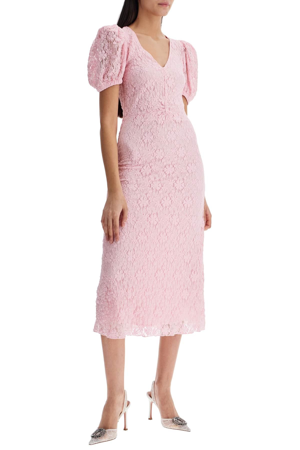 ROTATE Pink Lace Midi Dress With Puff Sleeves